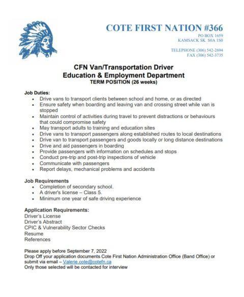 Transportation Driver Employment Opportunity – Cote First Nation
