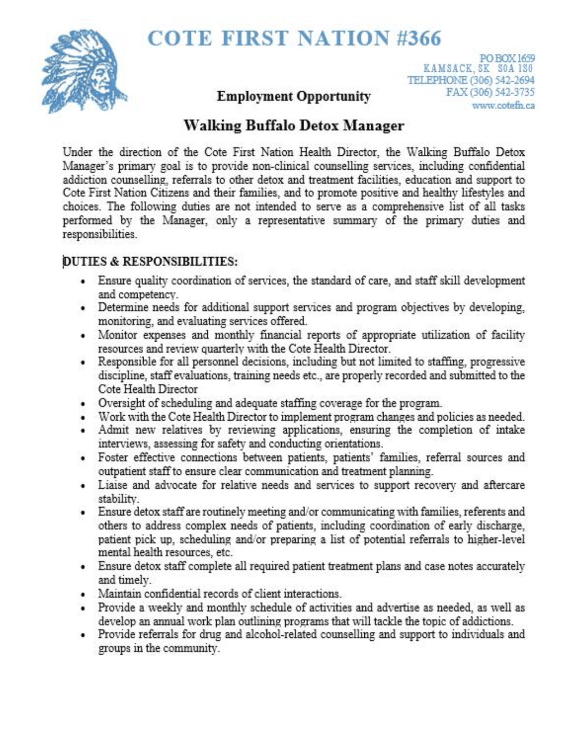 Employment Opportunity: Walking Buffalo Detox Manager – Cote First Nation