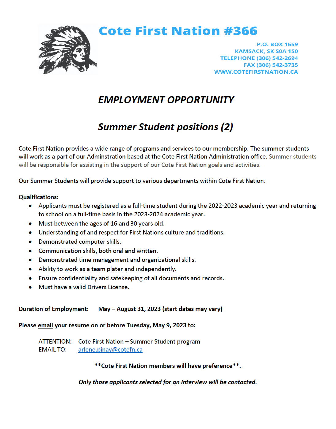 Employment Opportunity: Summer Student Position (2) – Cote First Nation