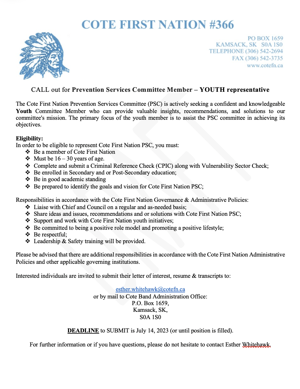 Prevention Services Committee (PSC) Callout – Cote First Nation