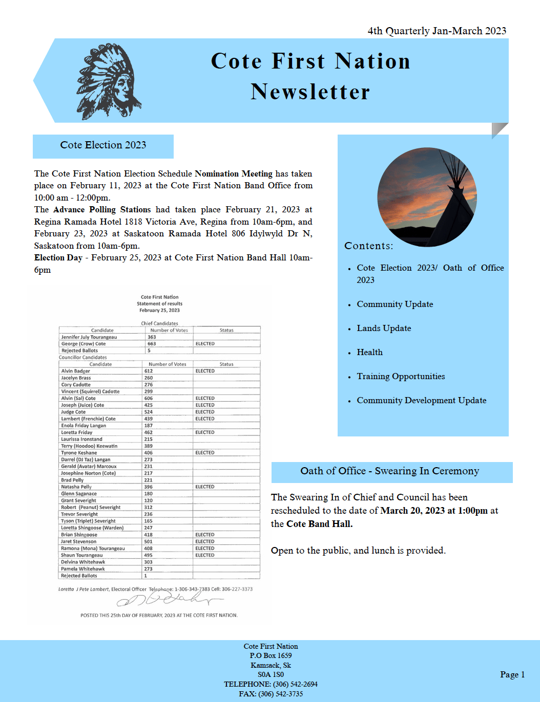 4th Quarterly Cote Newsletter – Cote First Nation